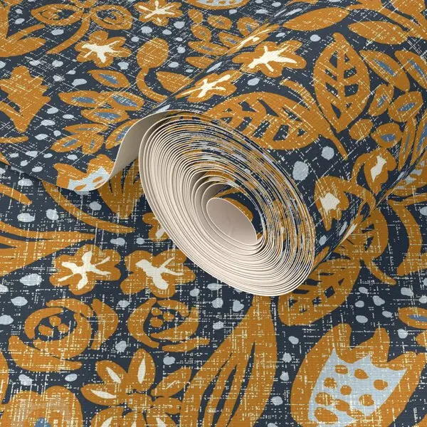 Spoonflower Cozy Desert Sun Flowers With Texture On Navy 100% Natural Sisal Grasscloth Wallcovering - Brown,blue,gray