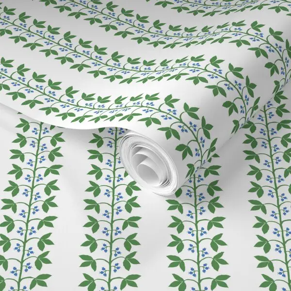 Spoonflower Stripe Cream Light Blue Vine Lilac Pastel Lavender Custom Pre-pasted Wallpaper - Green