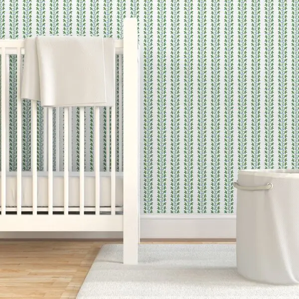 Spoonflower Stripe Cream Light Blue Vine Lilac Pastel Lavender Custom Pre-pasted Wallpaper