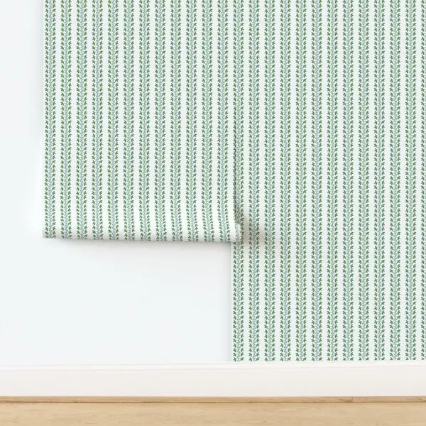 Spoonflower Stripe Cream Light Blue Vine Lilac Pastel Lavender Custom Pre-pasted Wallpaper