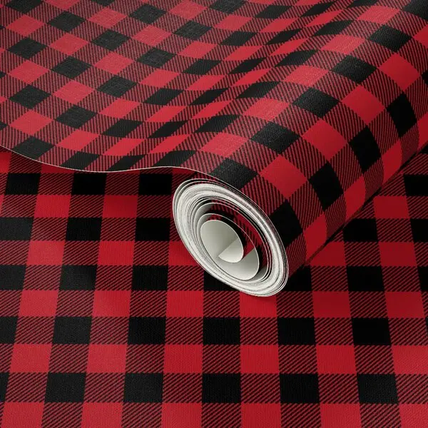 Spoonflower Buffalo Check Plaid Black & Red Outdoors One Inch Custom Pre-pasted Wallpaper - Red,brown