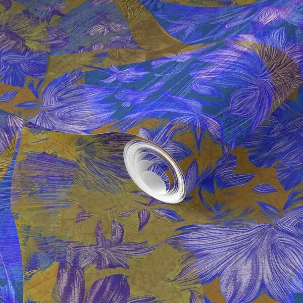 Spoonflower Cobalt Gold Leaf Floral Flower Lapis Lazuli Blo Custom Removable Wallpaper - Purple,blue,pink