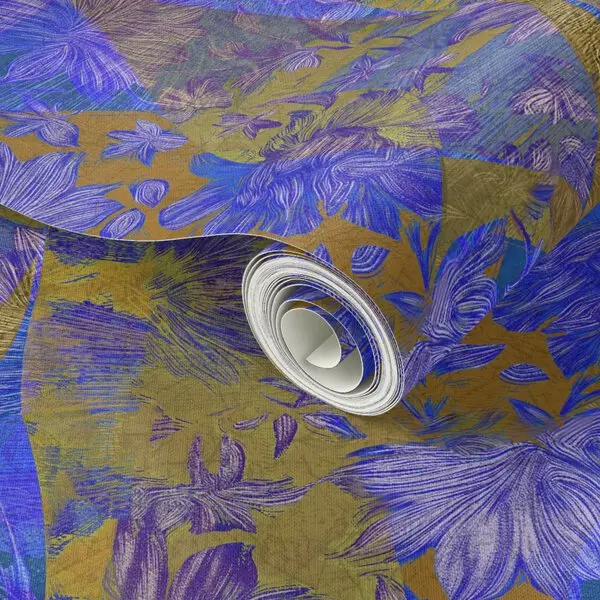 Spoonflower Cobalt Gold Leaf Floral Flower Lapis Lazuli Blo Custom Removable Wallpaper - Purple,blue,pink