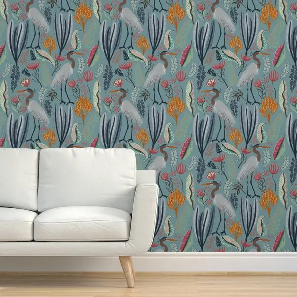 Spoonflower Heron And Plants Voyage 100% Natural Sisal Grasscloth Wallcovering - Blue