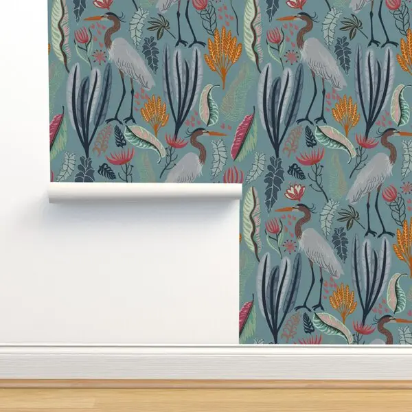 Spoonflower Heron And Plants Voyage 100% Natural Sisal Grasscloth Wallcovering - Blue