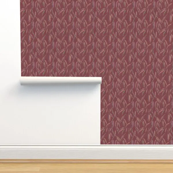 Spoonflower Eucalyptus Leaves Marsala Pink Rose Tropical 100% Natural Sisal Grasscloth Wallcovering - Red,gray,pink