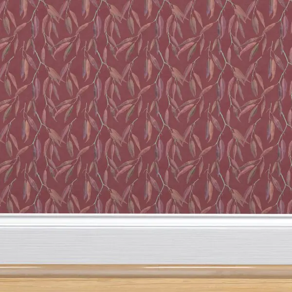 Spoonflower Eucalyptus Leaves Marsala Pink Rose Tropical 100% Natural Sisal Grasscloth Wallcovering - Red,gray,pink