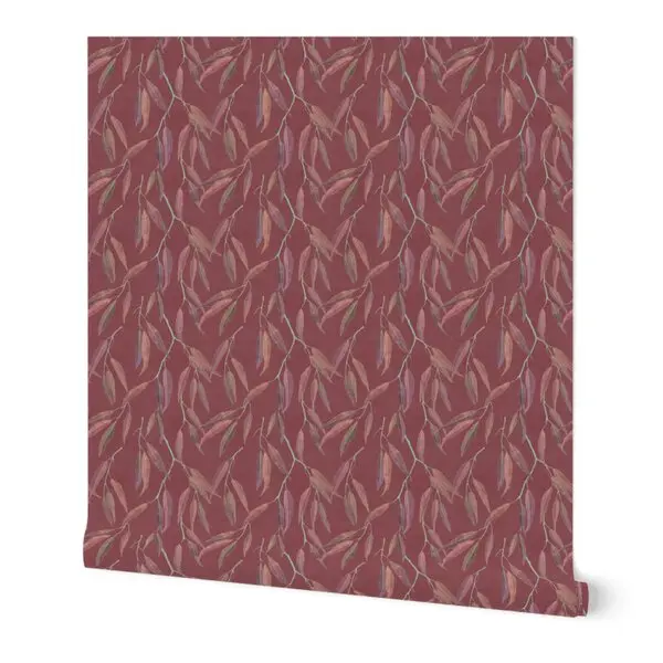 Spoonflower Eucalyptus Leaves Marsala Pink Rose Tropical 100% Natural Sisal Grasscloth Wallcovering - Red,gray,pink