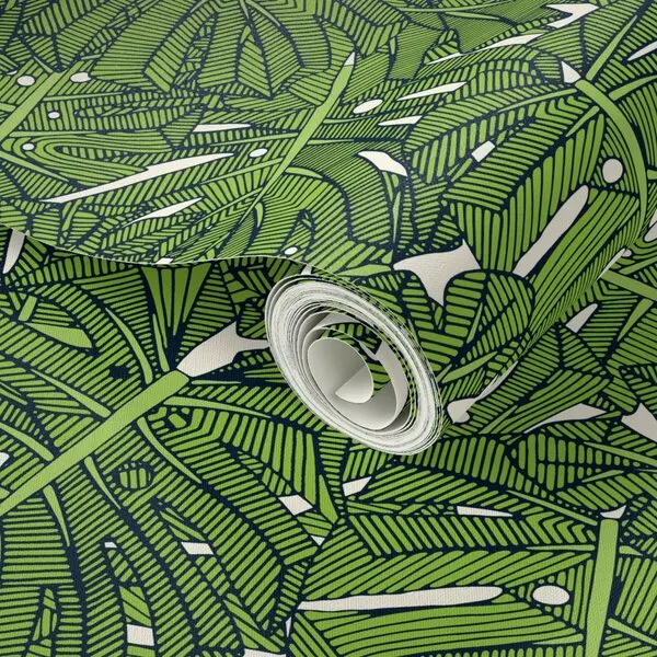 Spoonflower Monstera Leaf Leaves Sharon Turner Green Ivory Custom Pre-pasted Wallpaper - Green,ivory,beige