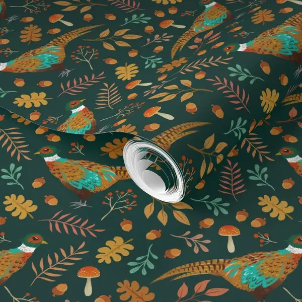 Spoonflower Bird Nature Birds Woodland Animal Animals Custom Pre-pasted Wallpaper - Green,brown,teal