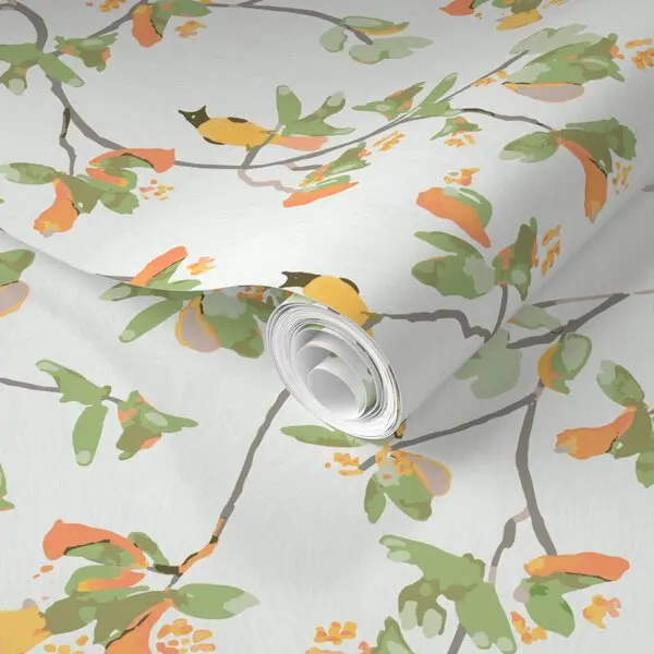 Spoonflower Bird Watercolor Floral Japanese Inspired White Custom Removable Wallpaper - White,green,gray