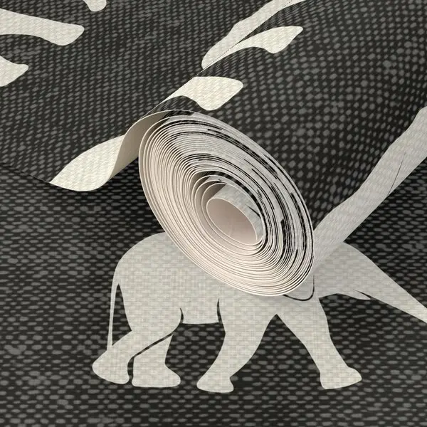 Spoonflower Elephants Grey Monochrome Woven Textured Safari 100% Natural Sisal Grasscloth Wallcovering - Gray,white,grey