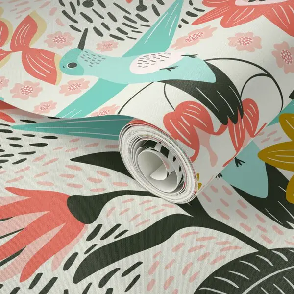 Spoonflower Hummingbird Birds World Floral Pink Mustard Teal Custom Pre-pasted Wallpaper - Pink,blue,gray