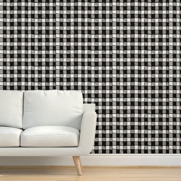 Spoonflower Gingham Black Retro Vintage Classic 100% Natural Sisal Grasscloth Wallcovering - White