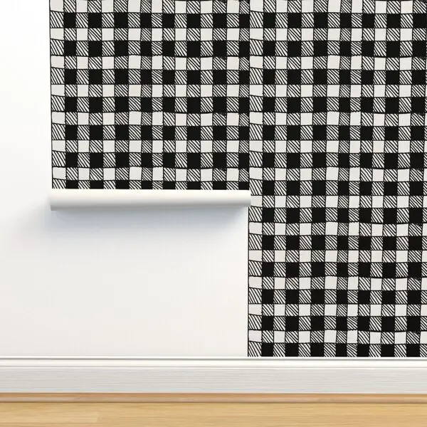 Spoonflower Gingham Black Retro Vintage Classic 100% Natural Sisal Grasscloth Wallcovering - White
