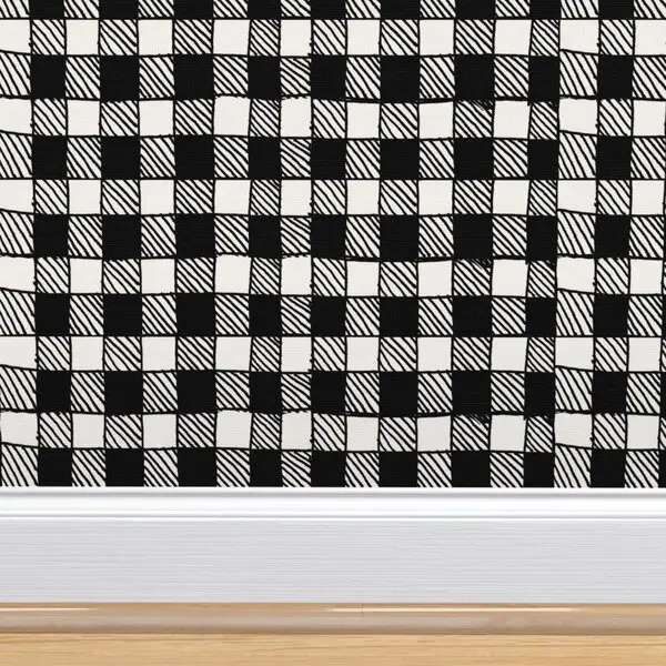 Spoonflower Gingham Black Retro Vintage Classic 100% Natural Sisal Grasscloth Wallcovering - White