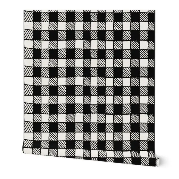 Spoonflower Gingham Black Retro Vintage Classic 100% Natural Sisal Grasscloth Wallcovering - White