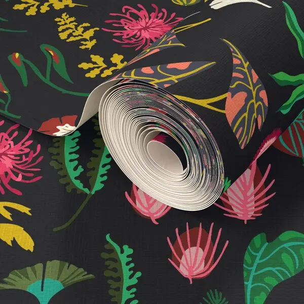 Spoonflower Leaf Floral Study Dark Large Flowers Botanical Custom Pre-pasted Wallpaper - Black,pink,green