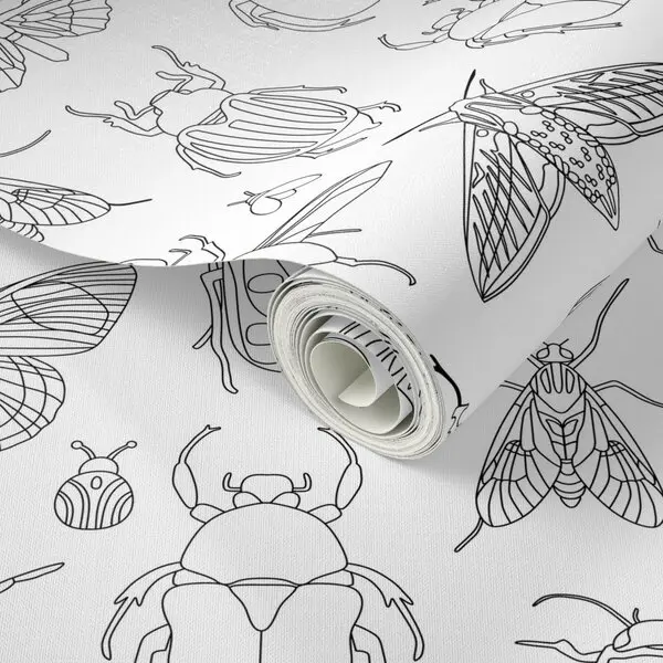 Spoonflower Black Bugs Coloring Insects Butterflies Nature Custom Removable Wallpaper - Black,white,gray