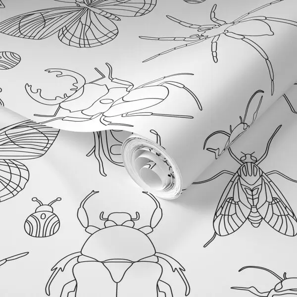 Spoonflower Black Bugs Coloring Insects Butterflies Nature Custom Removable Wallpaper - Black,white,gray