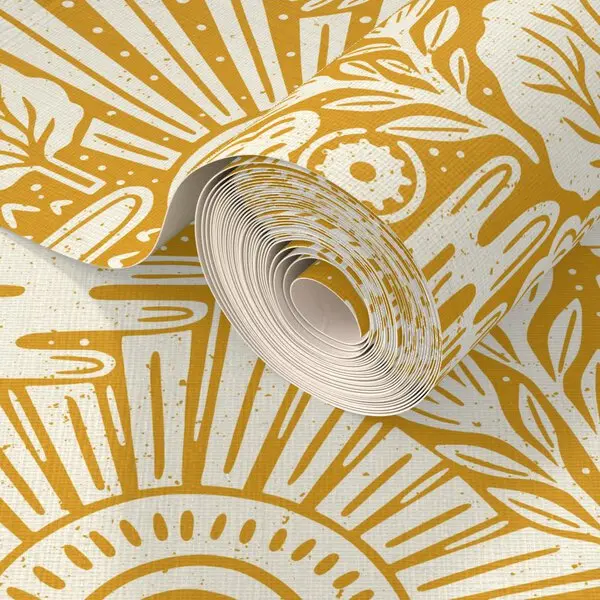 Spoonflower Sunrise Railway Mustard Yellow And Off White 100% Natural Sisal Grasscloth Wallcovering - Yellow,white
