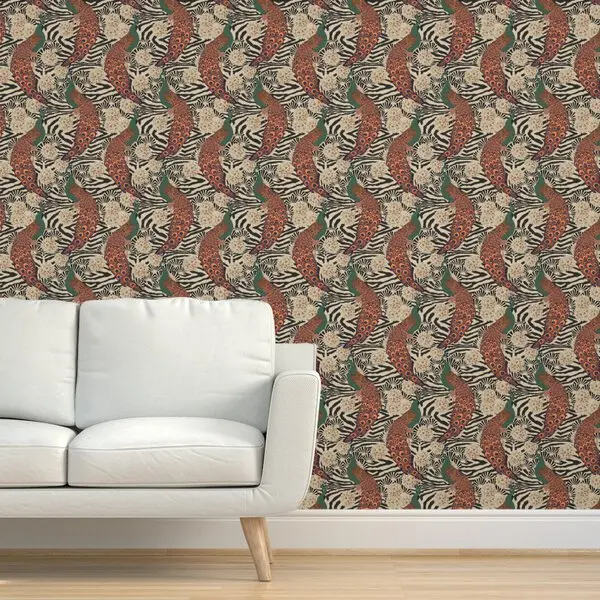 Spoonflower Enchanted Peacock Bright 100% Natural Sisal Grasscloth Wallcovering - Purple