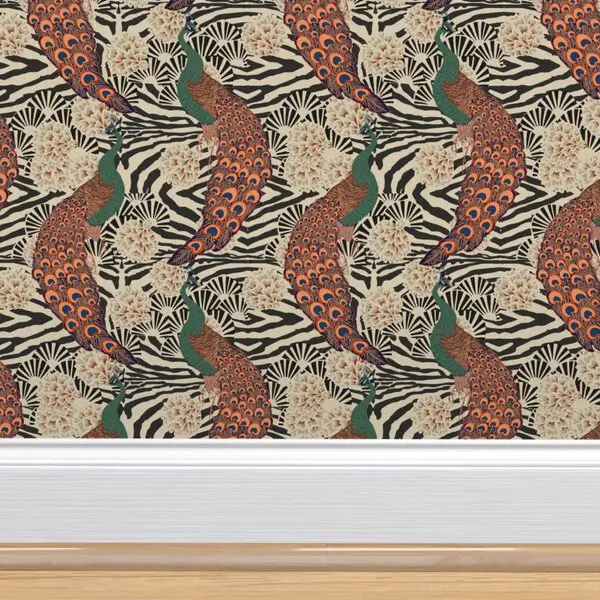 Spoonflower Enchanted Peacock Bright 100% Natural Sisal Grasscloth Wallcovering - Purple
