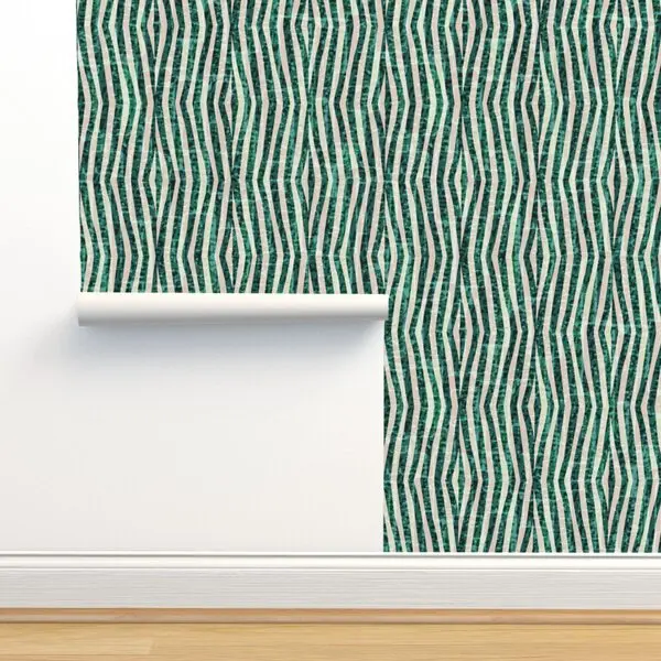 Spoonflower Emerald Textured Wavy Pinstripe 100% Natural Sisal Grasscloth Wallcovering - Green