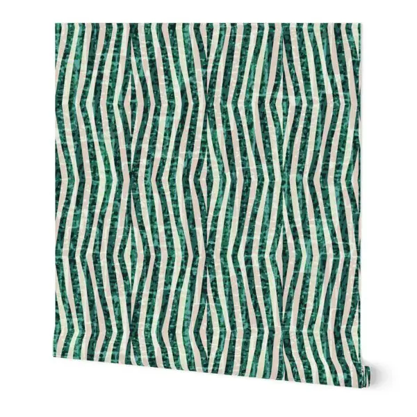 Spoonflower Emerald Textured Wavy Pinstripe 100% Natural Sisal Grasscloth Wallcovering - Green