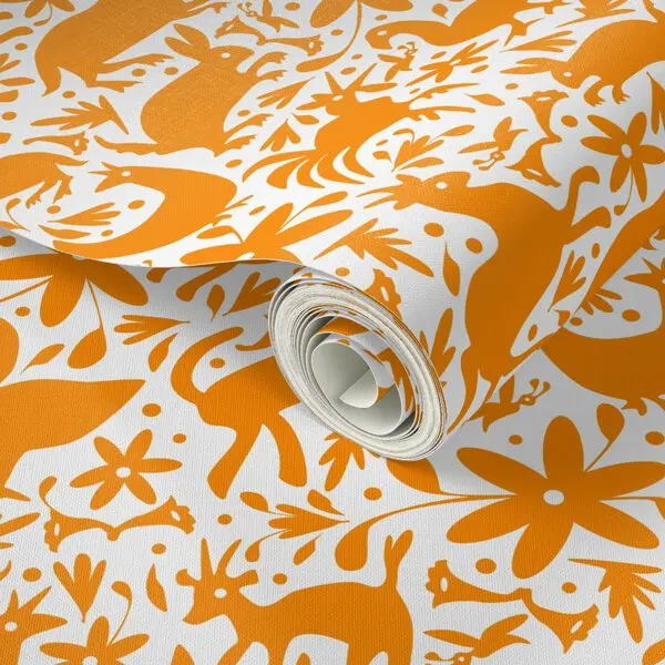 Spoonflower Mexico Orange White Deer Cats Spring Happy Texas Custom Pre-pasted Wallpaper - Orange,white,gray