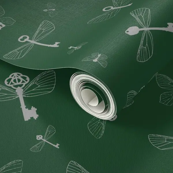 Spoonflower Wizard Harry Flying Keys Slyth Traditional Wallpaper - Green