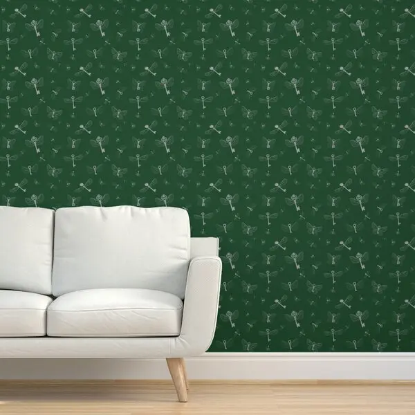 Spoonflower Wizard Harry Flying Keys Slyth Custom Pre-pasted Wallpaper - Green