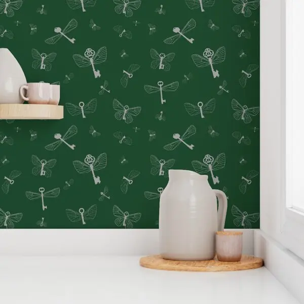 Spoonflower Wizard Harry Flying Keys Slyth Custom Pre-pasted Wallpaper - Green