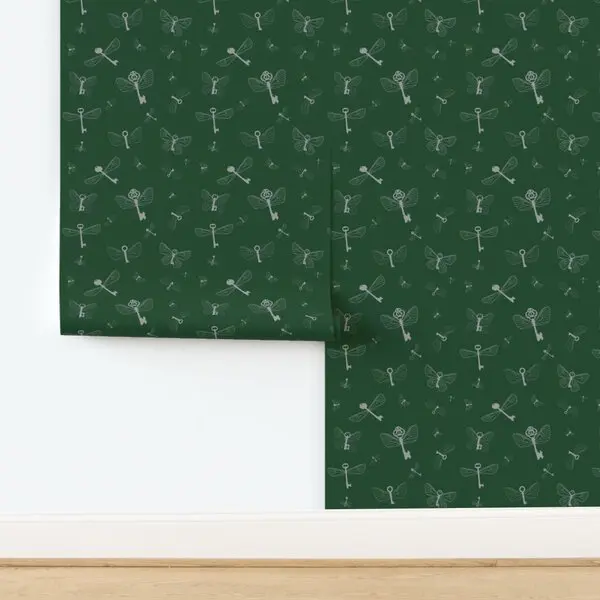 Spoonflower Wizard Harry Flying Keys Slyth Custom Pre-pasted Wallpaper - Green