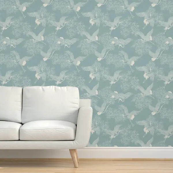 Spoonflower Majestic Cranes Blue 100% Natural Sisal Grasscloth Wallcovering