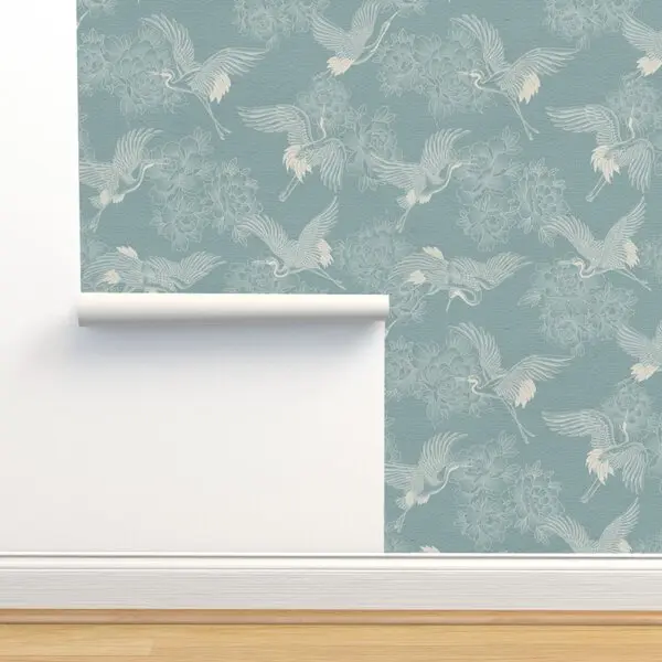 Spoonflower Majestic Cranes Blue 100% Natural Sisal Grasscloth Wallcovering