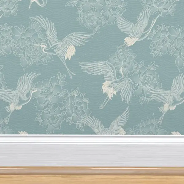 Spoonflower Majestic Cranes Blue 100% Natural Sisal Grasscloth Wallcovering