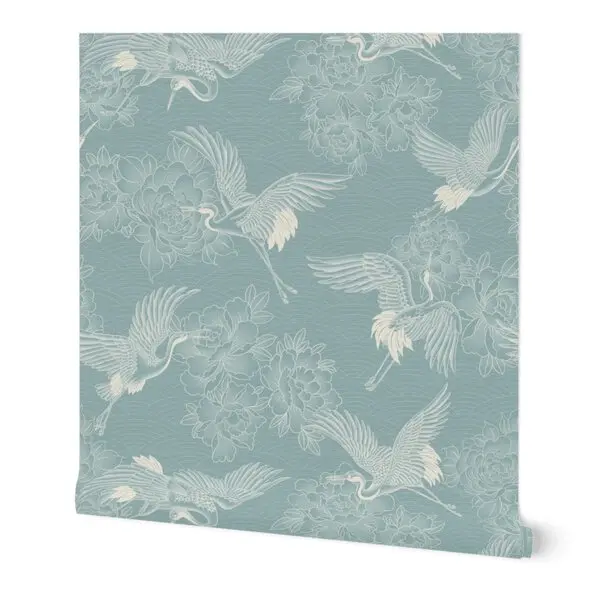 Spoonflower Majestic Cranes Blue 100% Natural Sisal Grasscloth Wallcovering