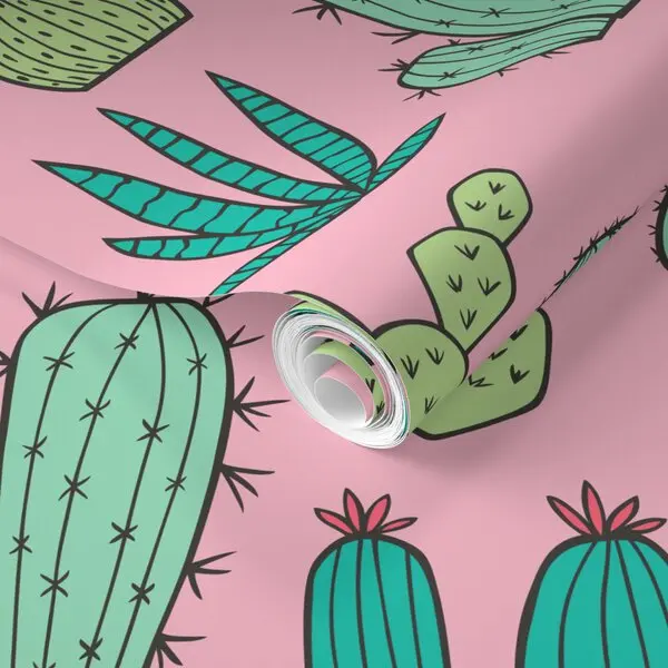 Spoonflower Cacti Southwestern Cactus Pink Botanical Custom Pre-pasted Wallpaper - Green,pink,blue