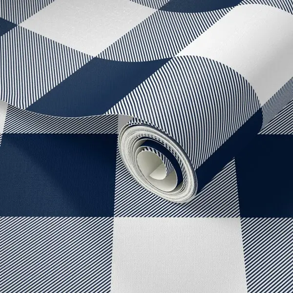 Spoonflower Plaid Navy Buffalo Check Trendy White Custom Pre-pasted Wallpaper - Blue,white,gray