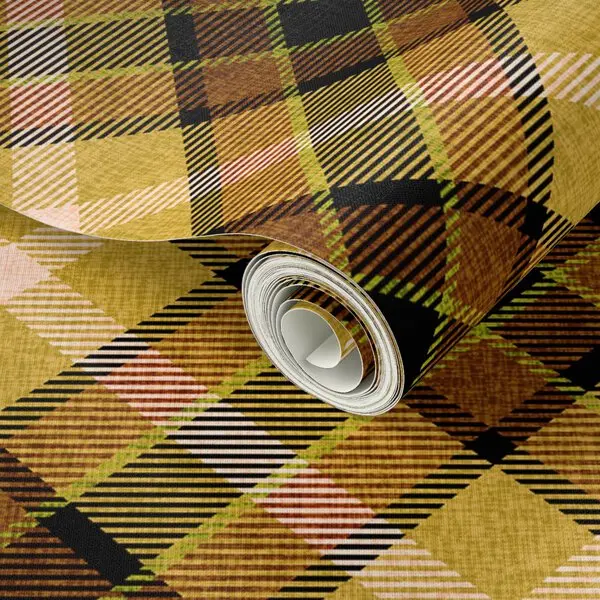 Spoonflower Plaid Tartan Golden Gold Yellow Custom Removable Wallpaper - Brown,orange,black