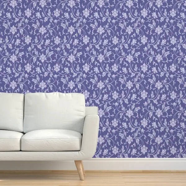 Spoonflower Vintage Floral Periwinkle 100% Natural Sisal Grasscloth Wallcovering - Purple,blue