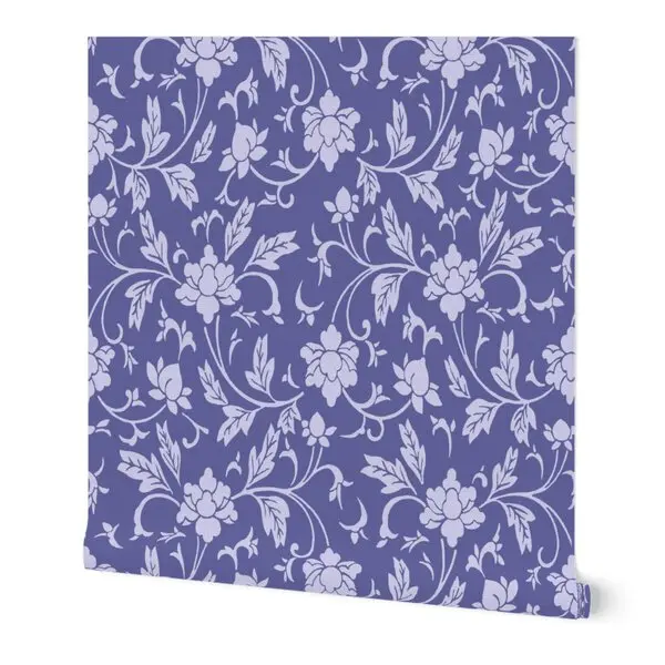 Spoonflower Vintage Floral Periwinkle 100% Natural Sisal Grasscloth Wallcovering - Purple,blue