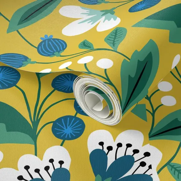 Spoonflower Flowers Floral Botanical Spring Colorful Blue Custom Pre-pasted Wallpaper - Blue,mint,green
