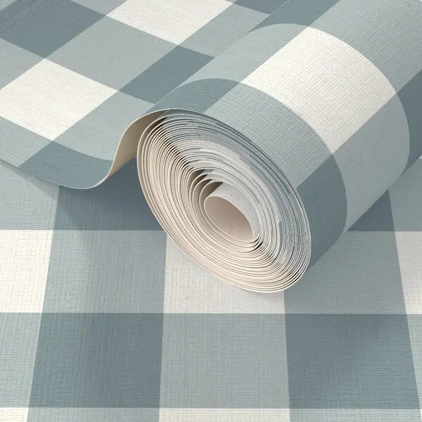 Spoonflower Gingham Plaid Check Seafoam 100% Natural Sisal Grasscloth Wallcovering - White,blue