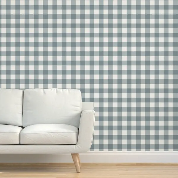 Spoonflower Gingham Plaid Check Seafoam 100% Natural Sisal Grasscloth Wallcovering - White,blue