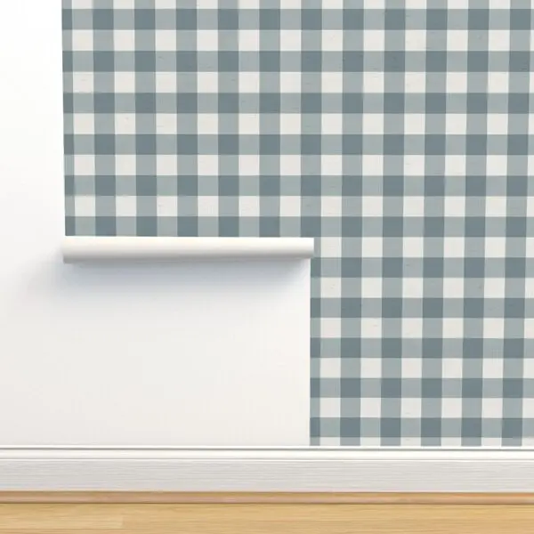 Spoonflower Gingham Plaid Check Seafoam 100% Natural Sisal Grasscloth Wallcovering - White,blue