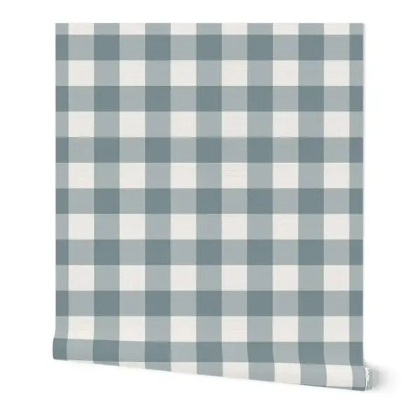 Spoonflower Gingham Plaid Check Seafoam 100% Natural Sisal Grasscloth Wallcovering - White,blue