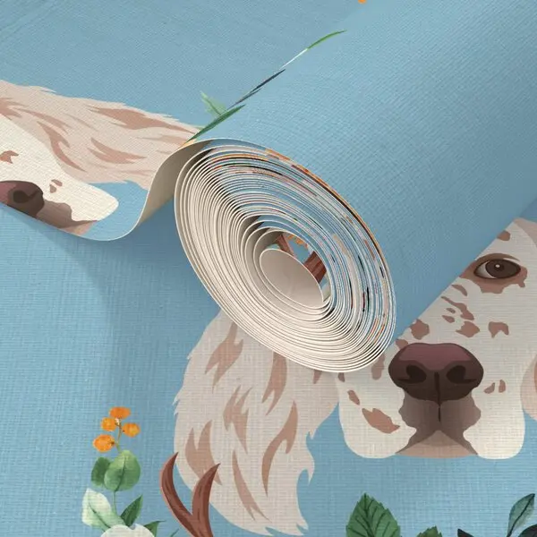 Spoonflower English Setter Dog Pattern 100% Natural Sisal Grasscloth Wallcovering - Blue,white