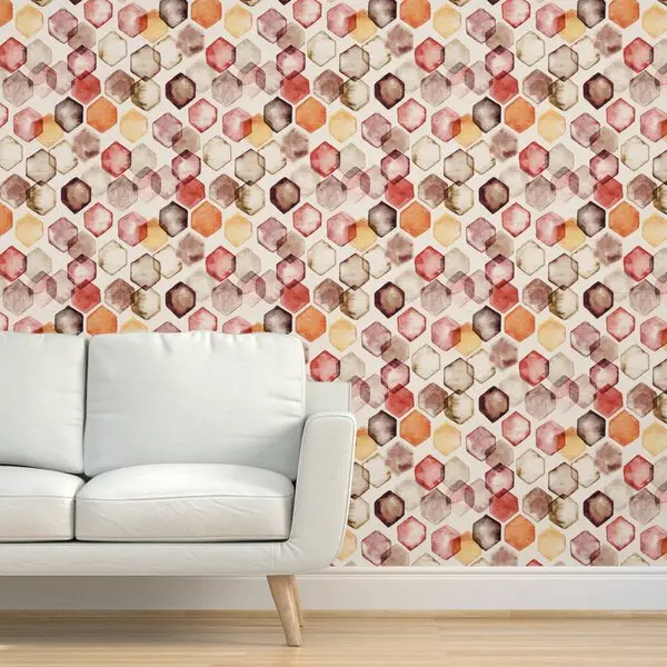 Spoonflower Autumn Bokeh Watercolour Hexagons 100% Natural Sisal Grasscloth Wallcovering - Red,brown,pink